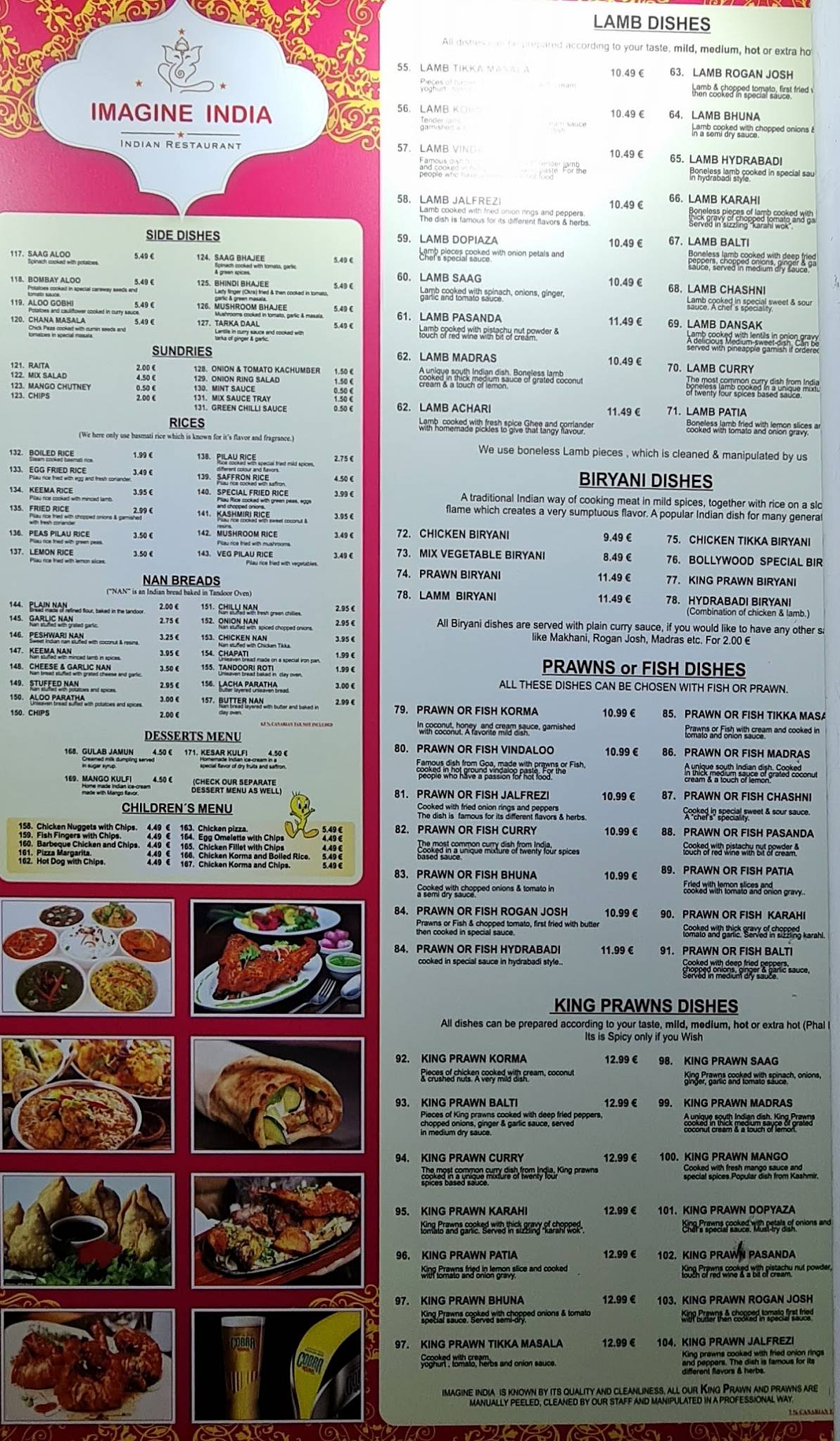 Menu at Imagine India Curry & Tandoori Grill Restaurant, Playa Blanca ...