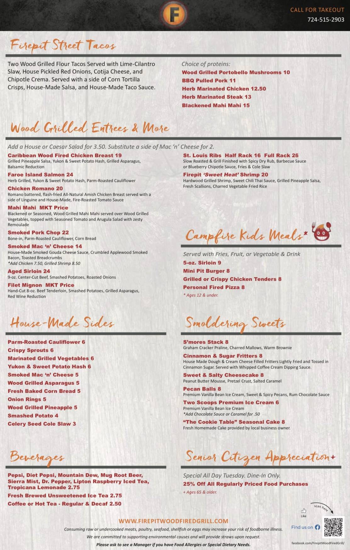 Menu at The Firepit Wood Fired Grill pub & bar, Irwin