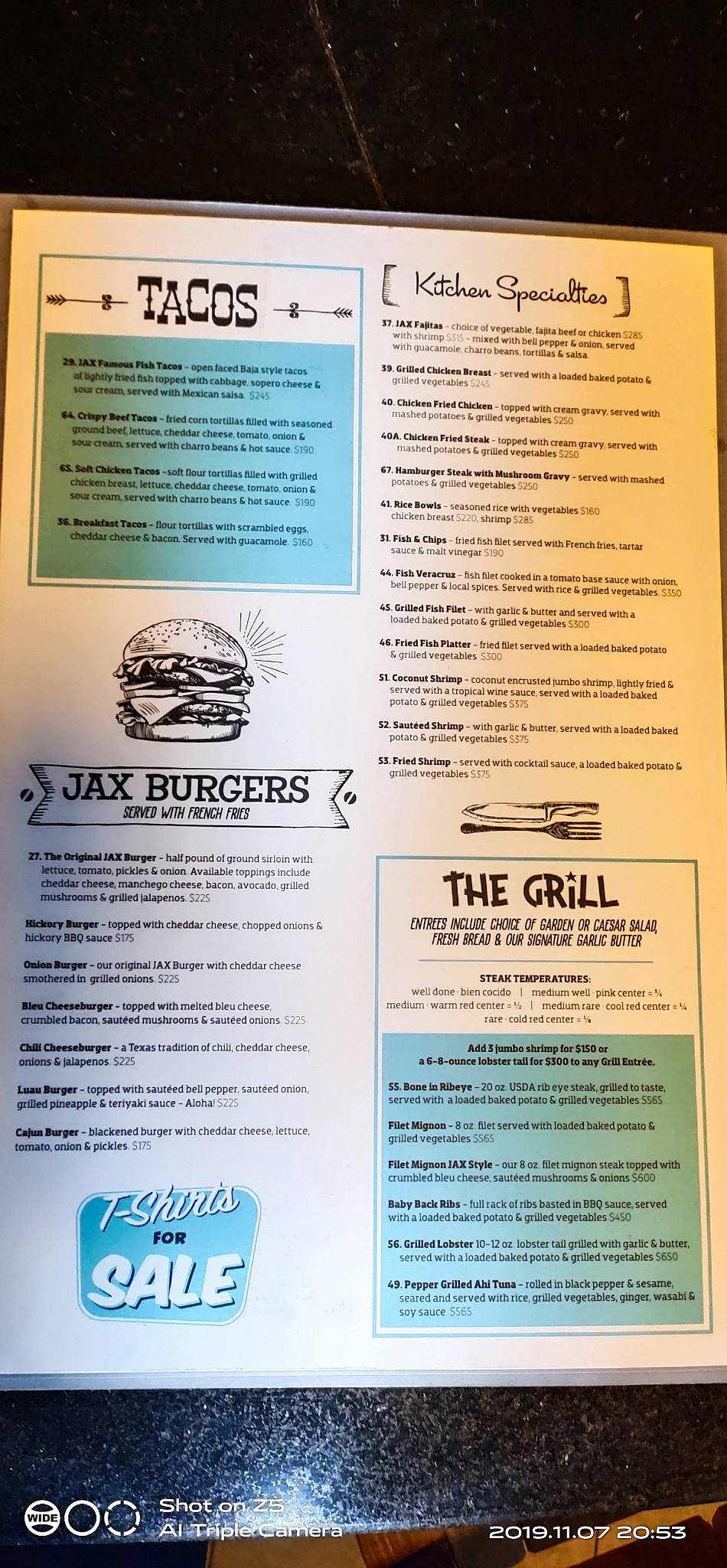 Menu at Jaxbar, Isla Mujeres