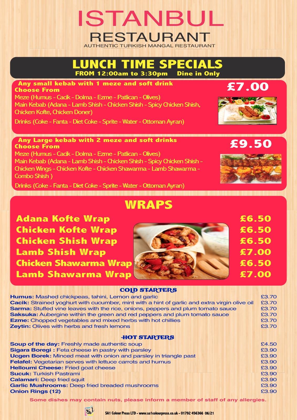 Menu at Istanbul Restaurant, Wolverhampton