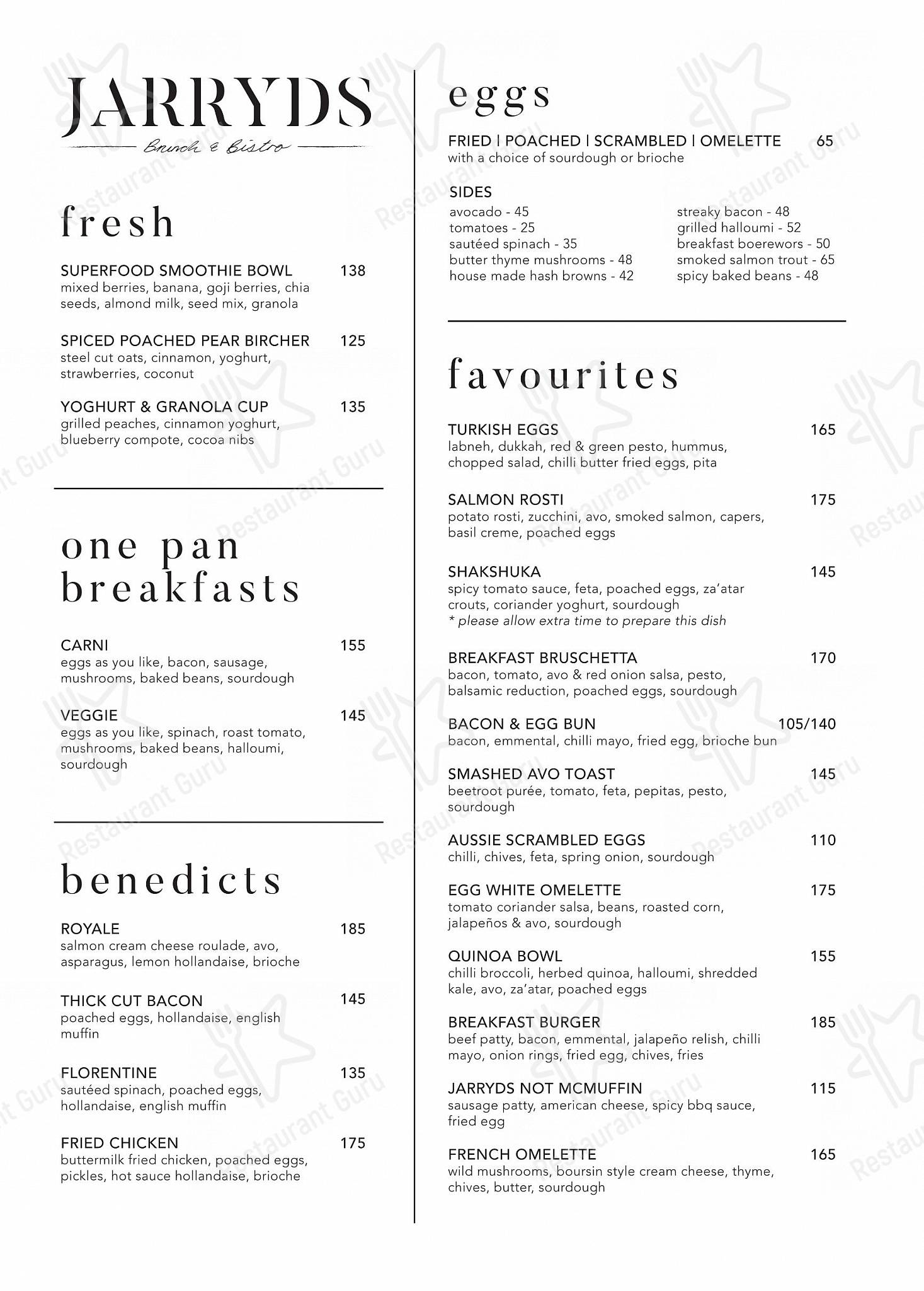 Menu at JARRYDS Brunch & Bistro restaurant, Cape Town, 90 Regent Rd