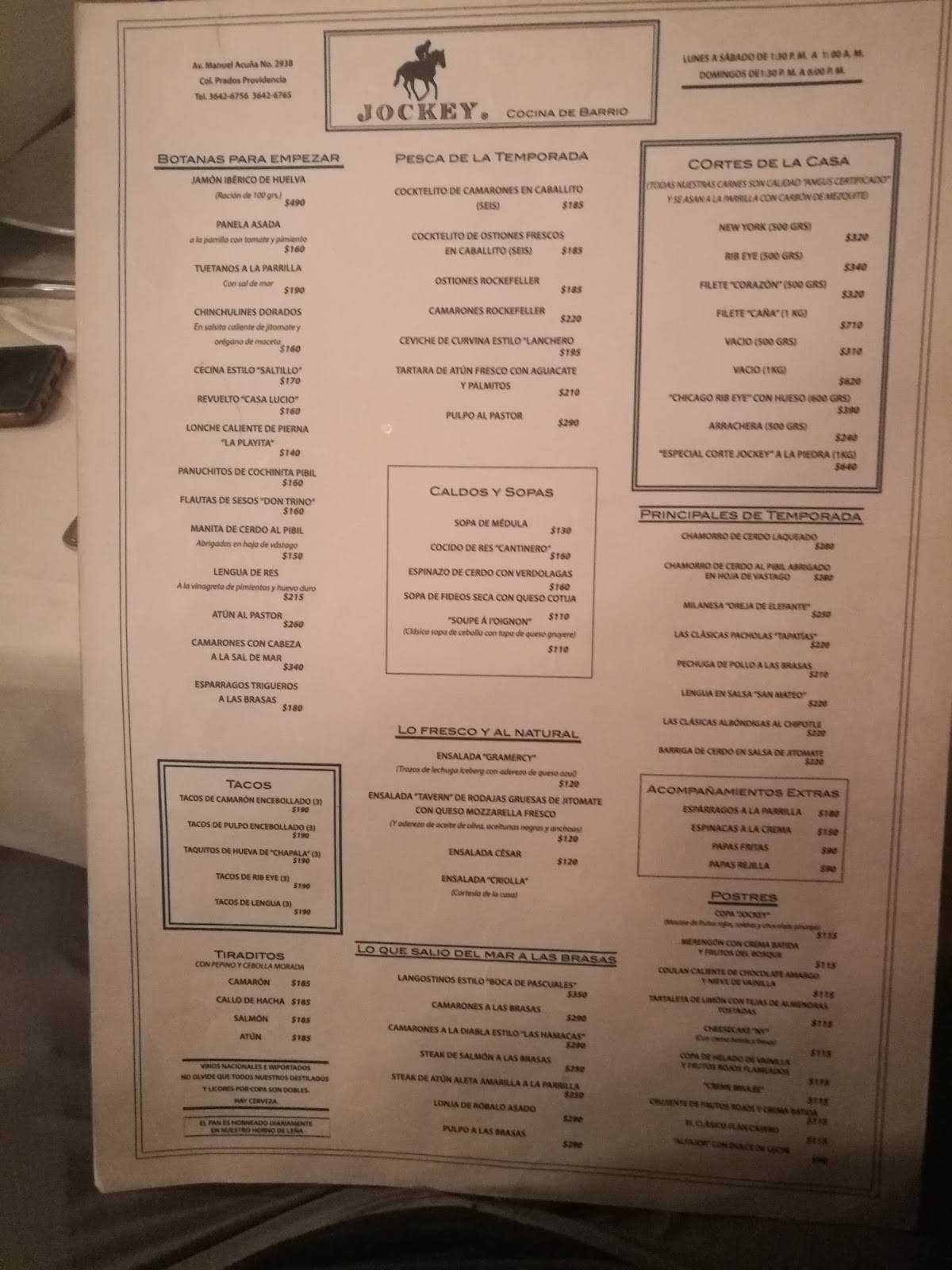 Menu at JOCKEY steakhouse, Guadalajara