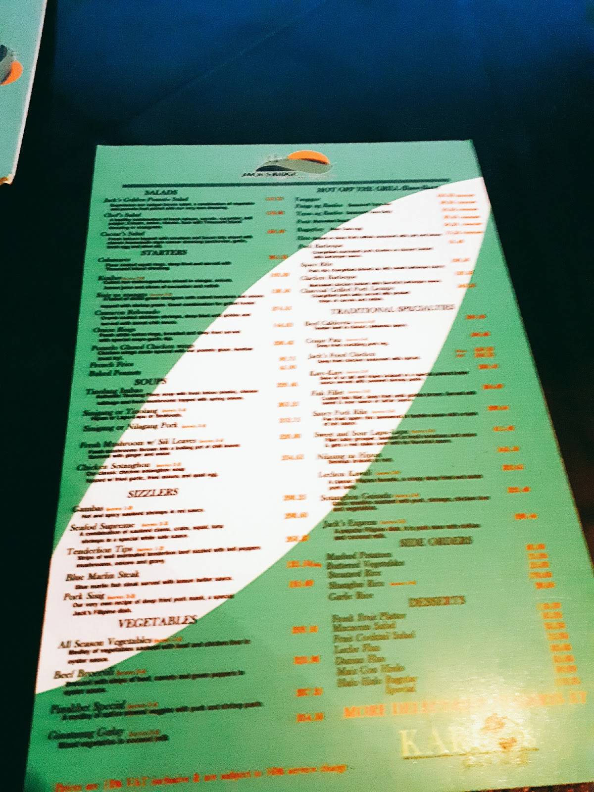 Menu at Jack's Ridge restaurant, Davao City