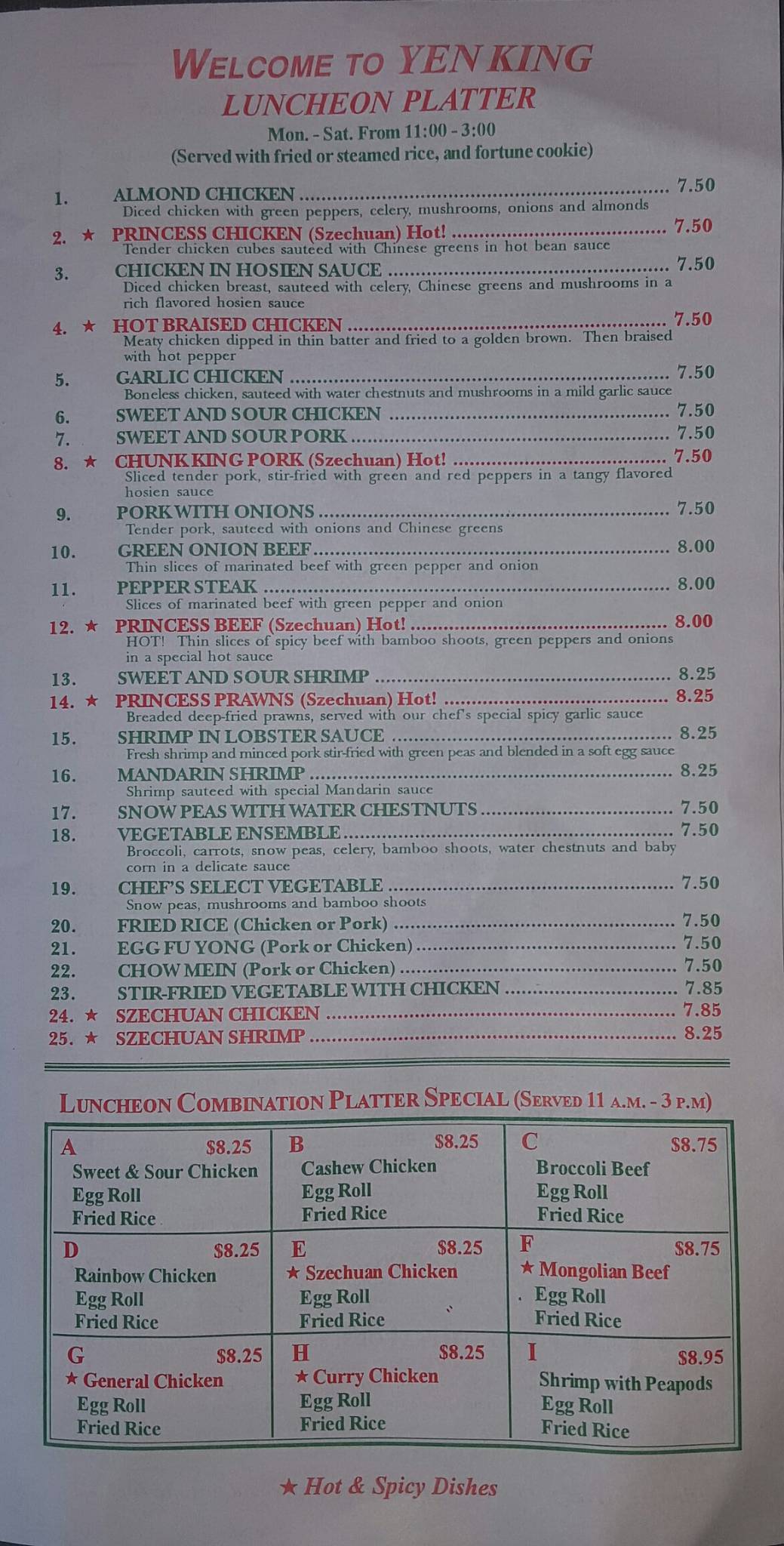 Menu at Yen King restaurant, Jackson