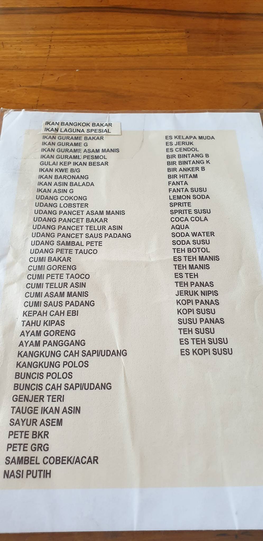 Menu at Pondok Laguna restaurant, Jakarta, 3