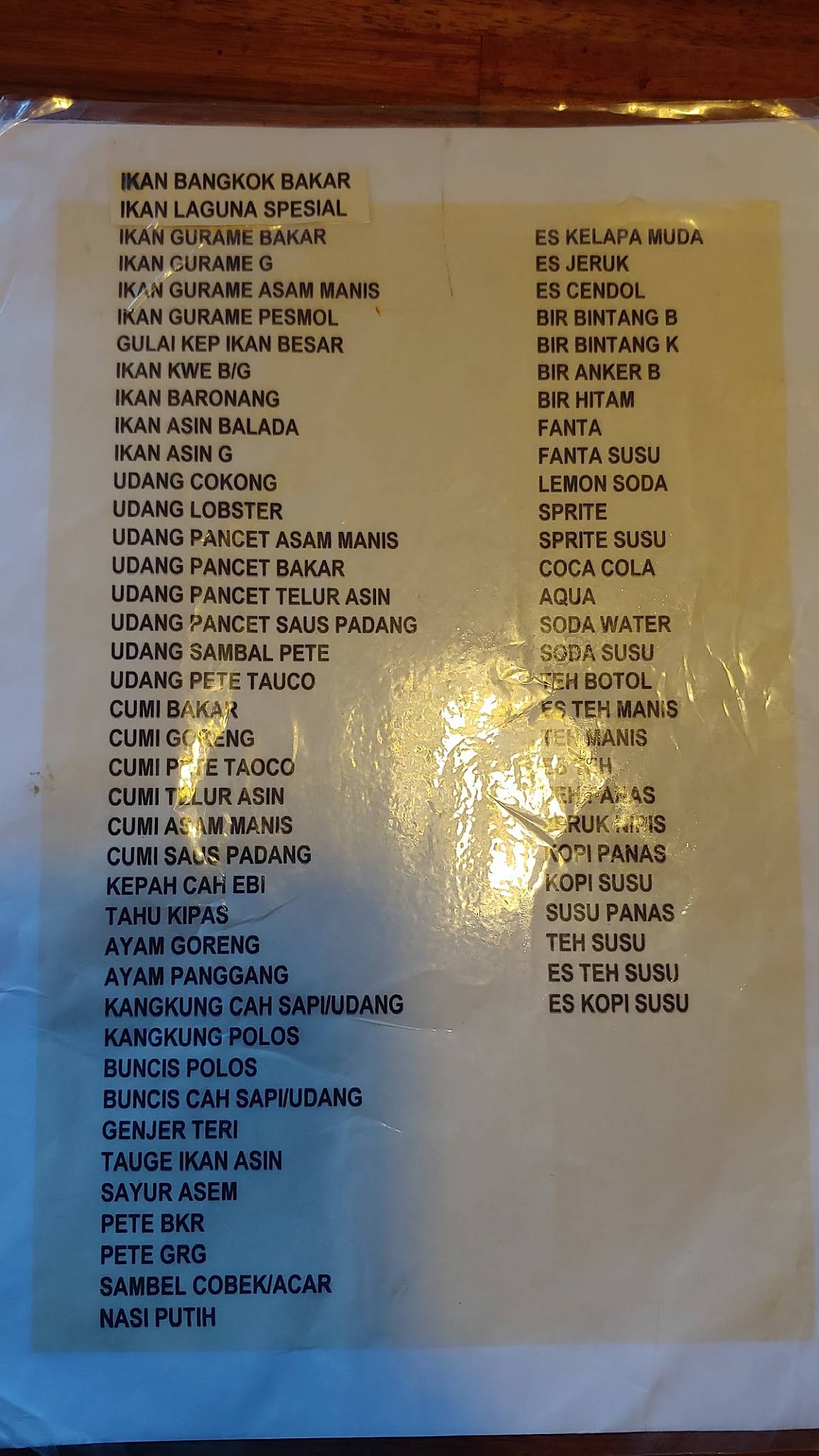 Menu at Pondok Laguna restaurant, Jakarta, 3