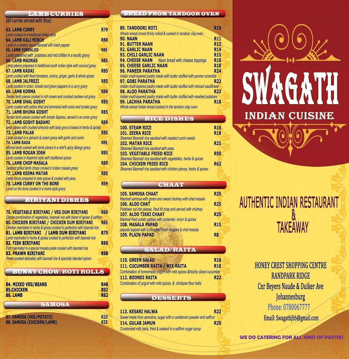 Menu at Swagat @ Honeycrest restaurant, Johannesburg, HONEY CREST ...