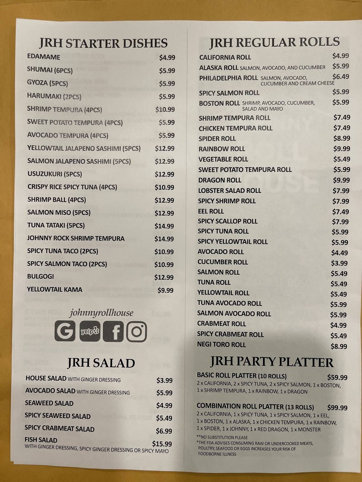 Menu at Johnny Roll House restaurant, Montvale