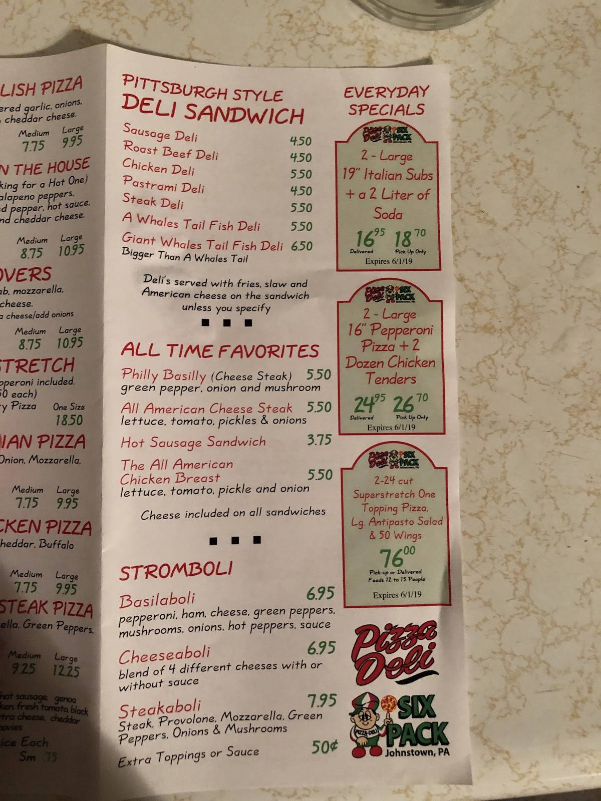 Menu at Pizza-Deli Six Pack pizzeria, Johnstown