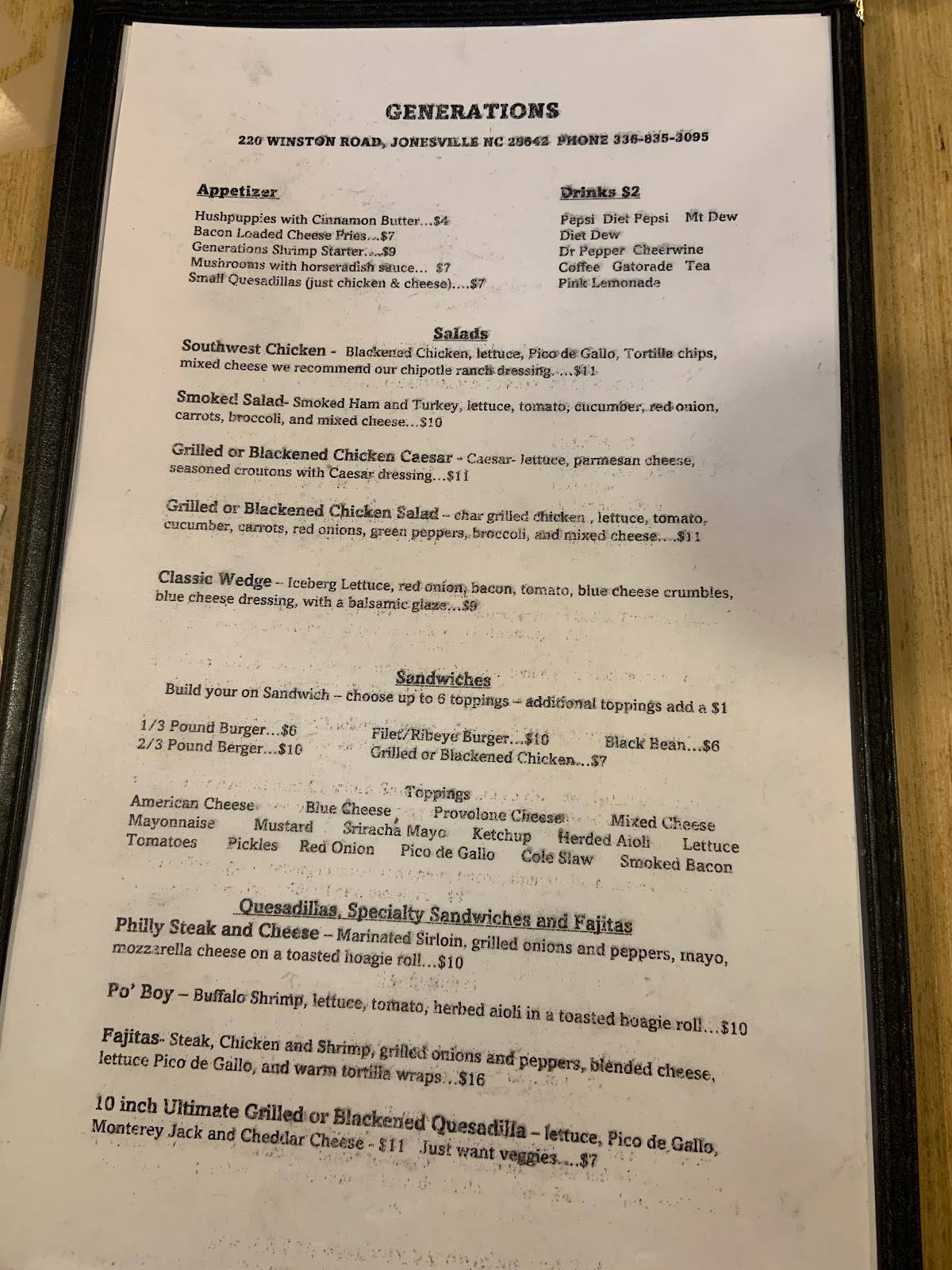 Menu at Generations Casual Dining restaurant, Jonesville