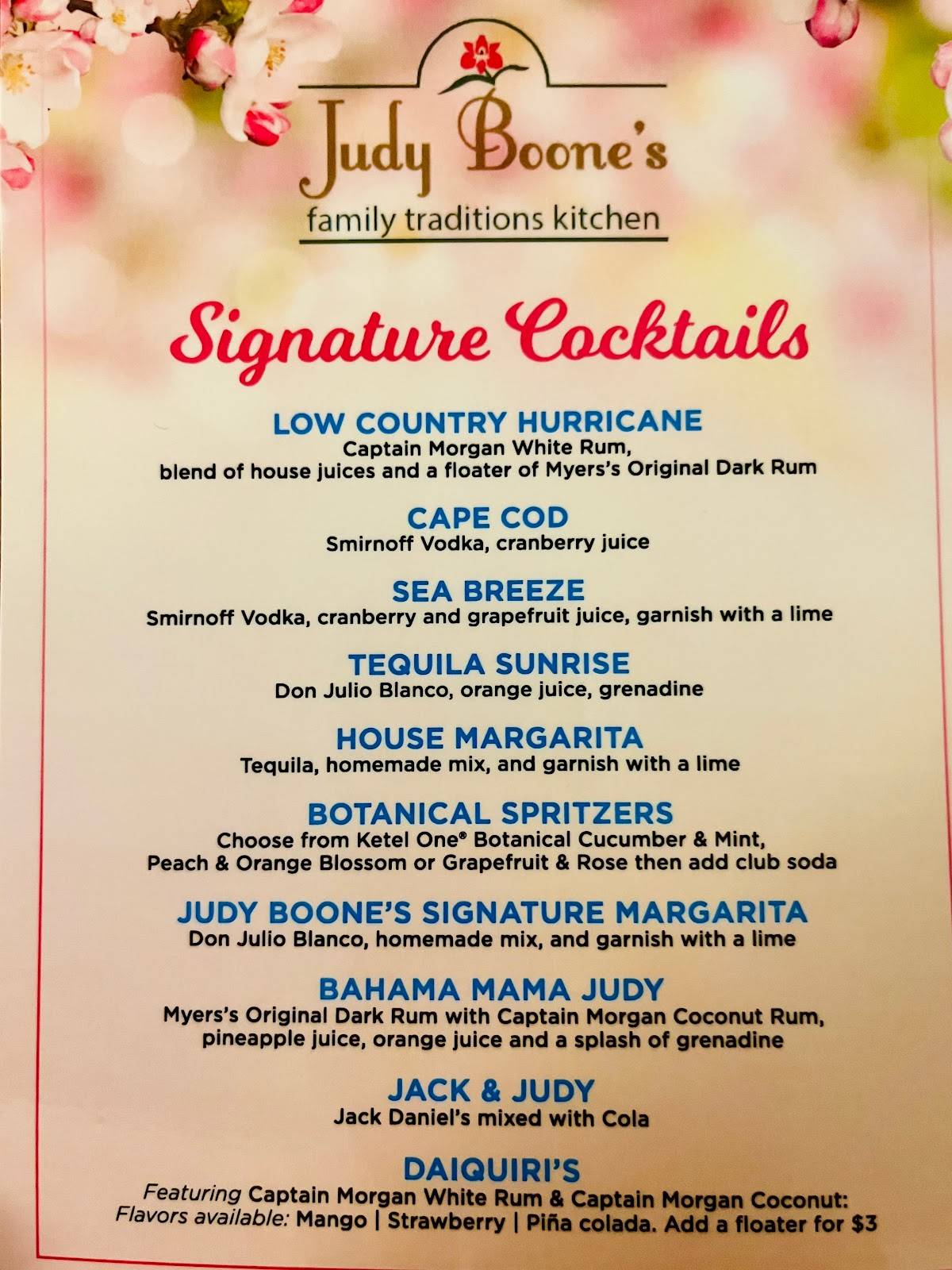 Menu at Judy Boone's Family Kitchen restaurant, Murrells Inlet
