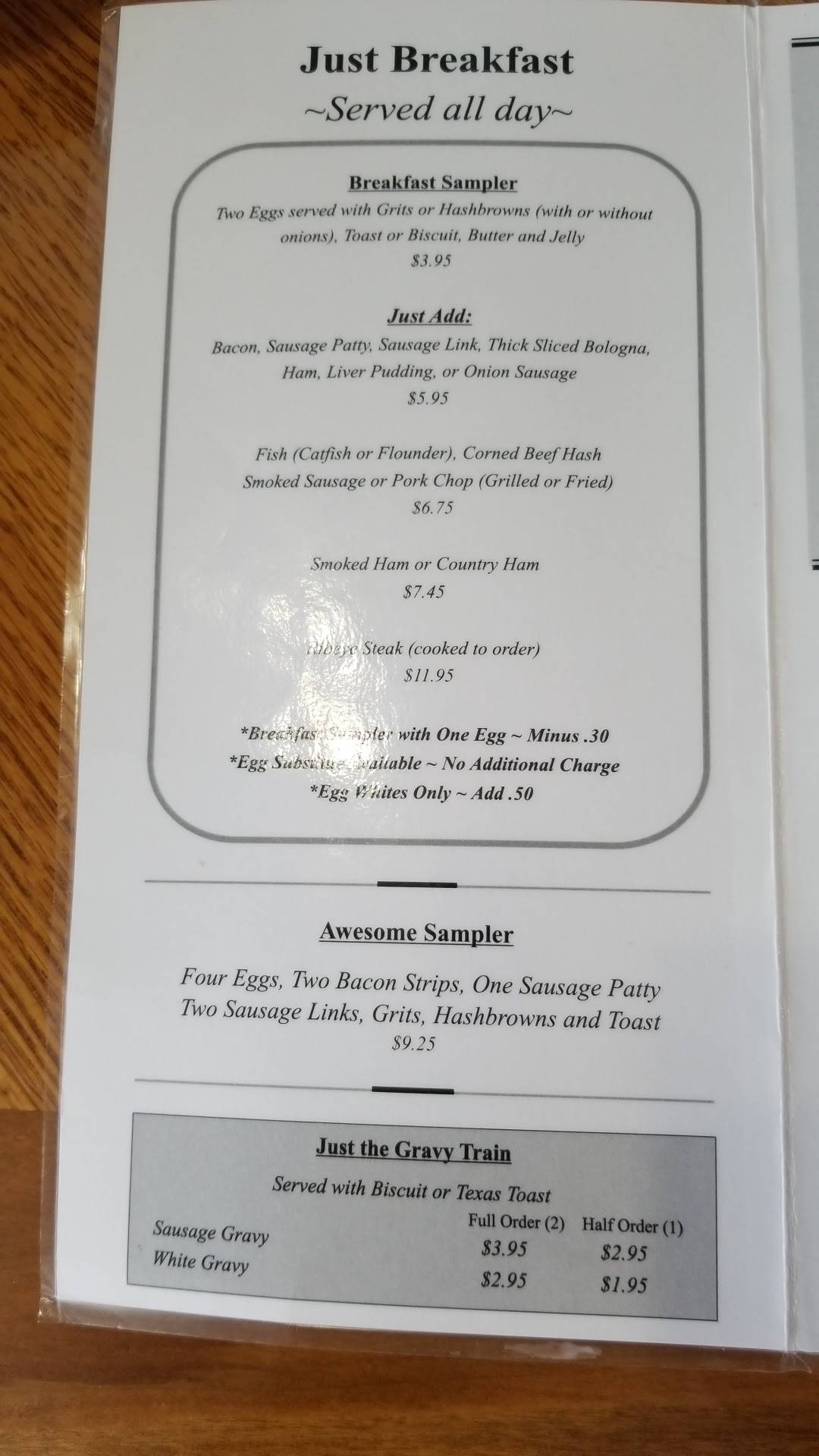 Menu at Just Us Cafe, Cayce