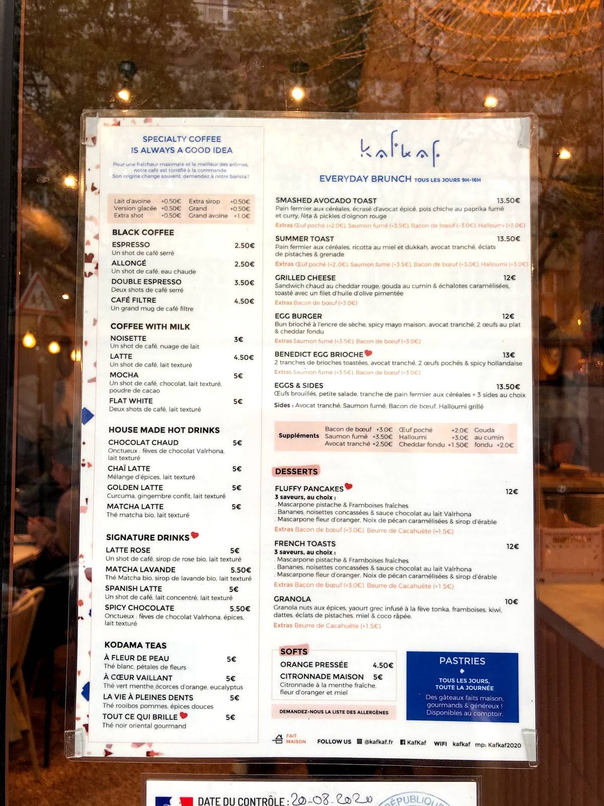 Menu au Kafkaf restaurant, Paris