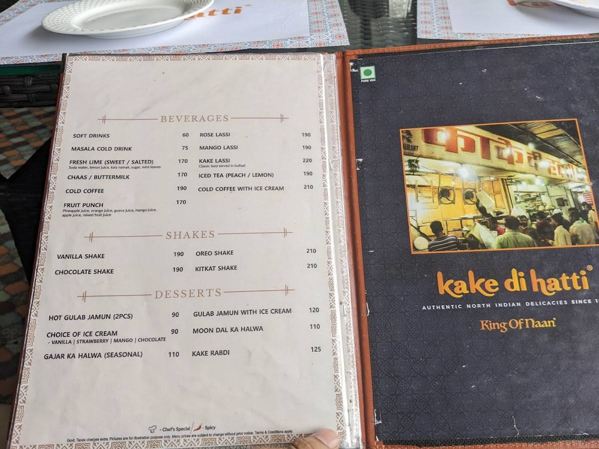 Menu at kake di hatti kanakpura road, Bengaluru