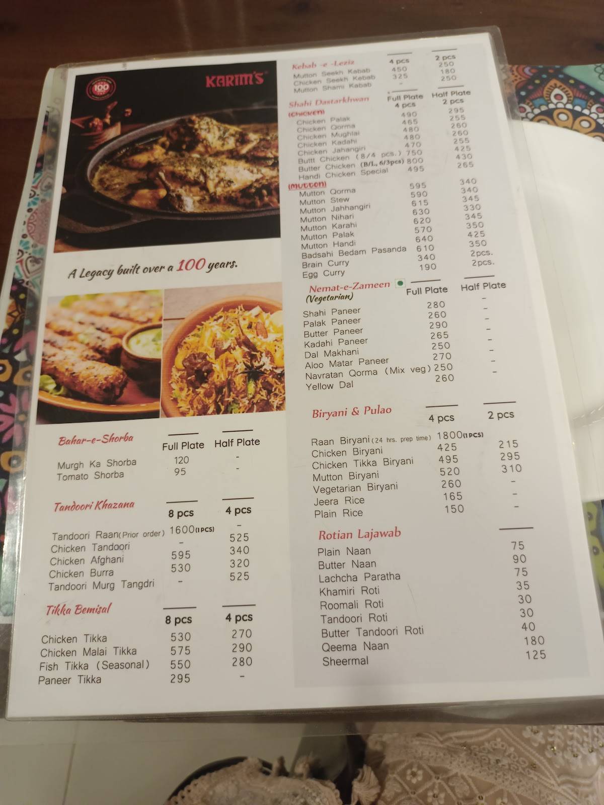 Menu at Karim's 'ORIGINAL FROM JAMA MASJID DELHI-6', India, PX26+HJQ ...