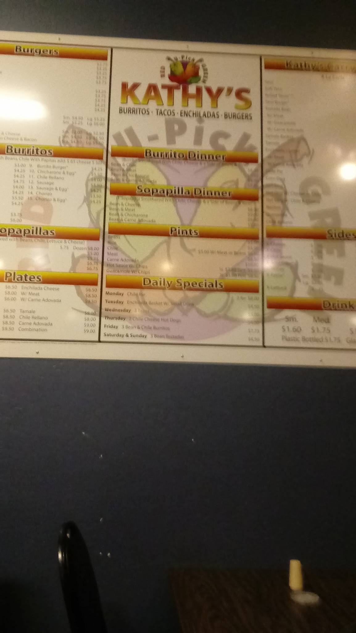 Menu at Kathy's Carry Out restaurant, Albuquerque