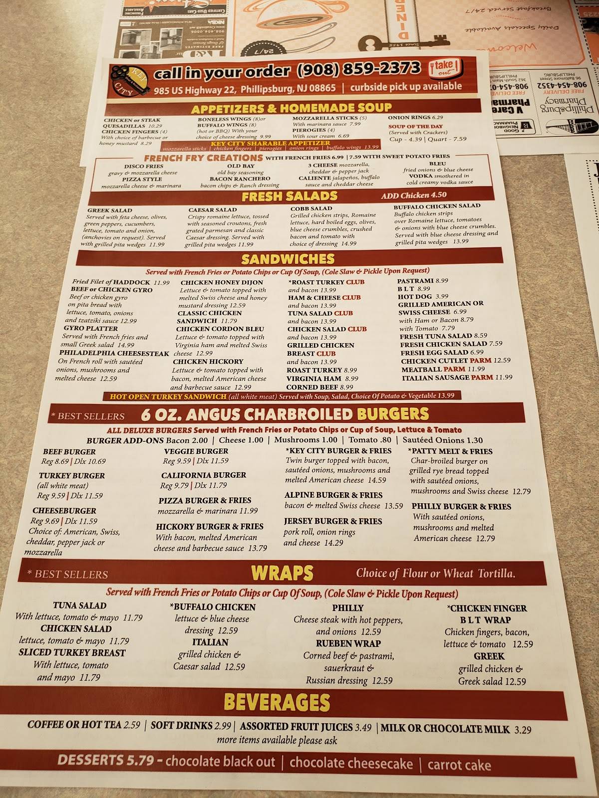 Menu at Key City Diner restaurant, Phillipsburg