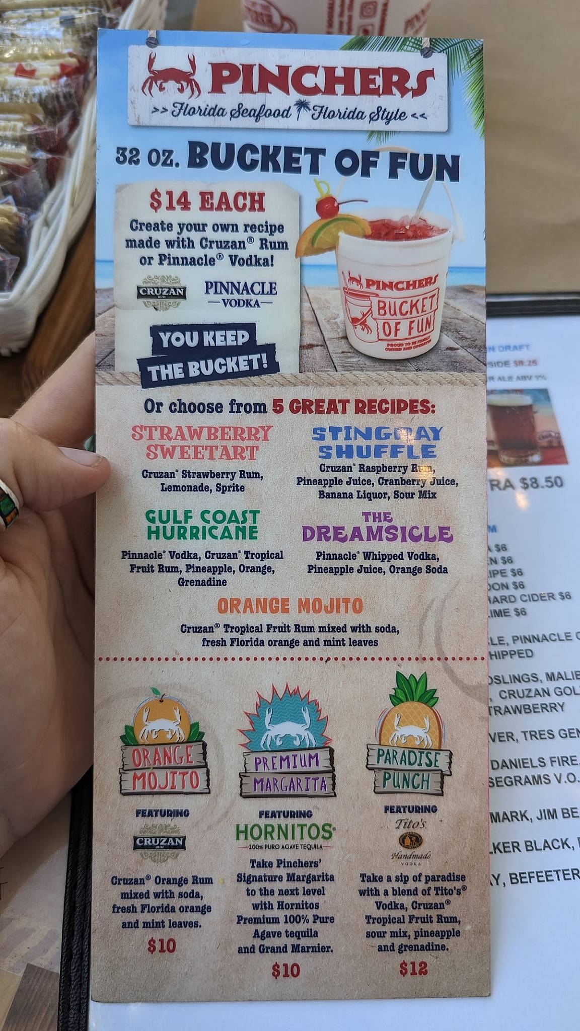 Menu at Pinchers restaurant, Key West