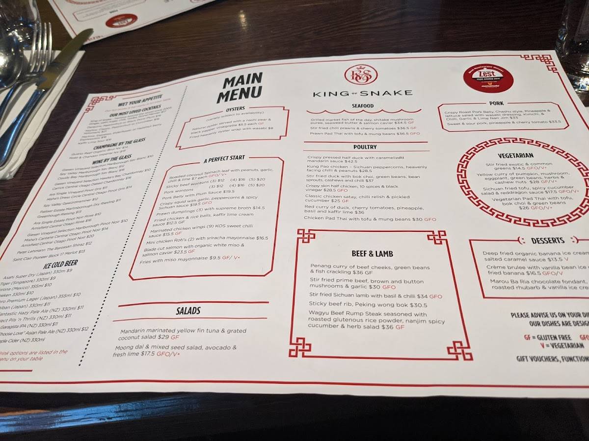 Menu at King of Snake pub & bar, Christchurch