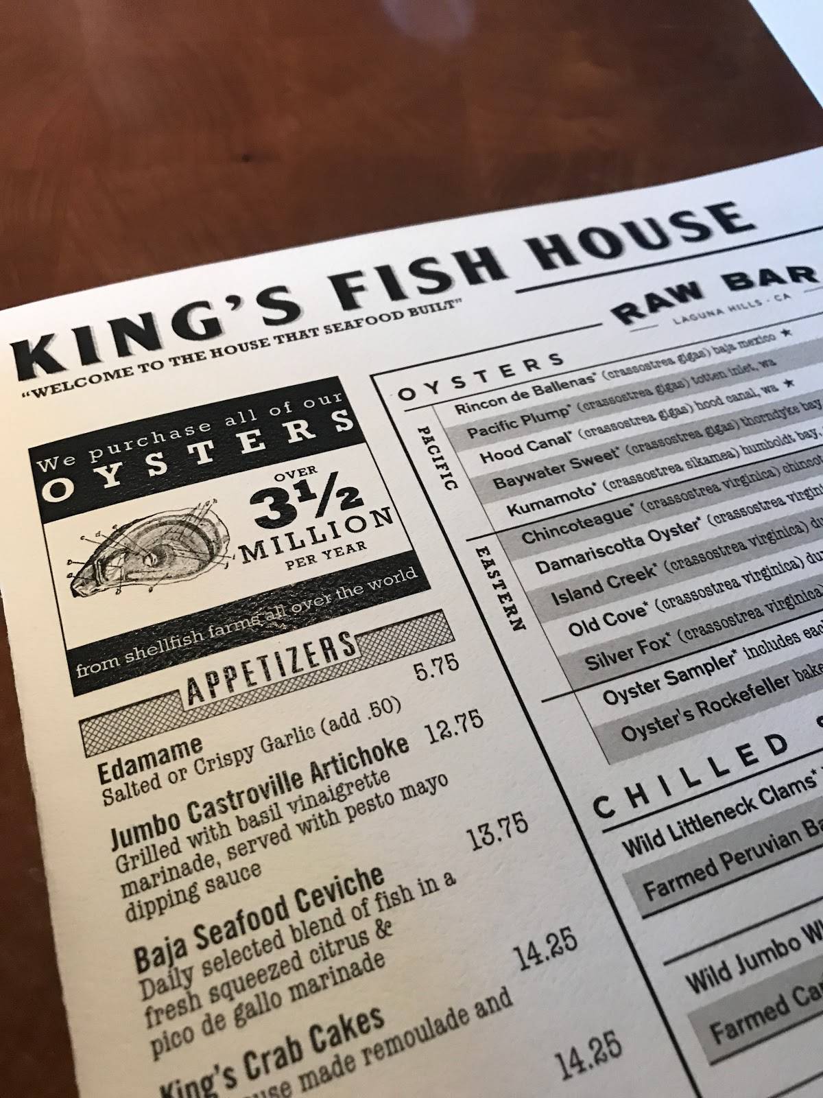 Menu at King's Fish House restaurant, Laguna Hills