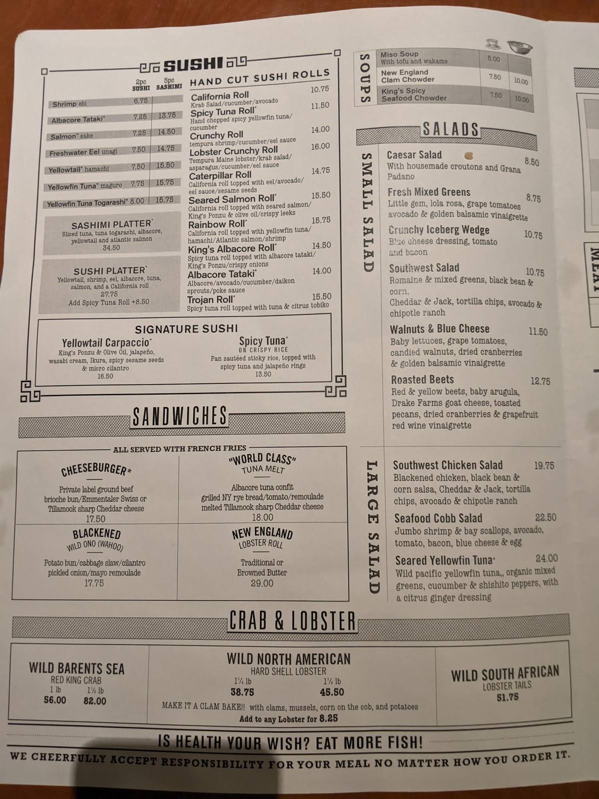 Menu at King's Fish House restaurant, Laguna Hills