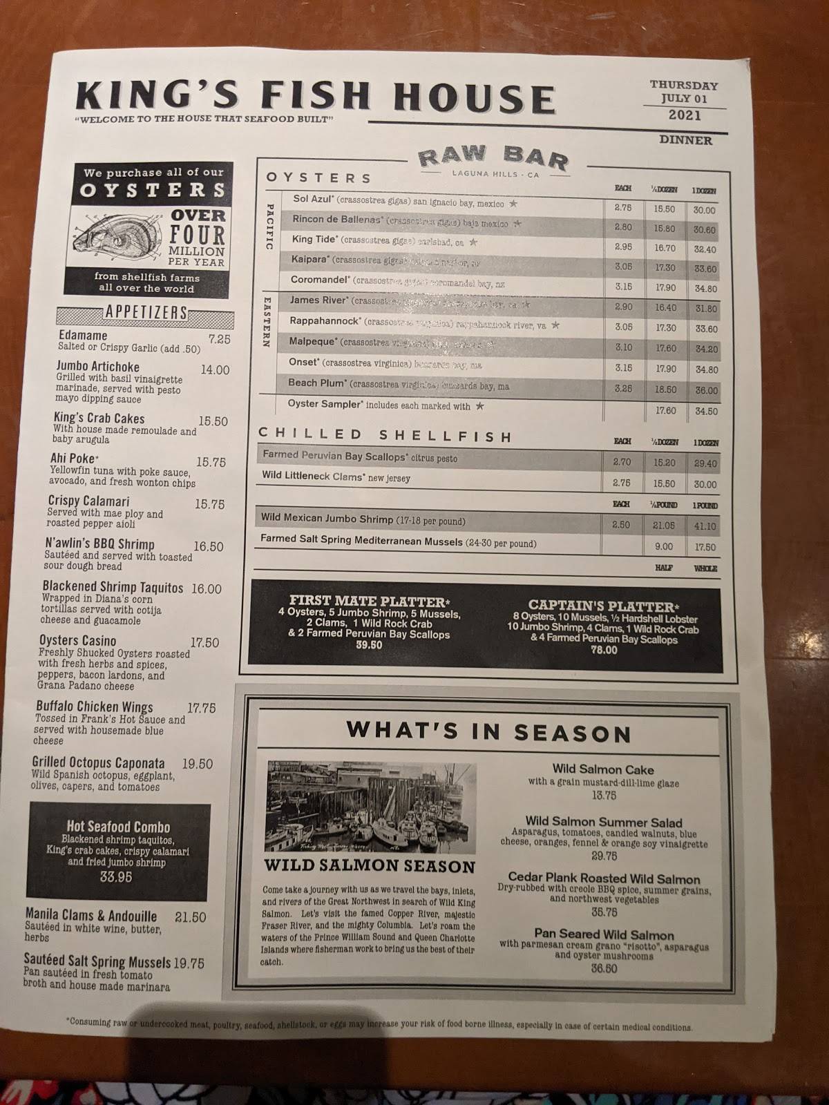 Menu at King's Fish House restaurant, Laguna Hills