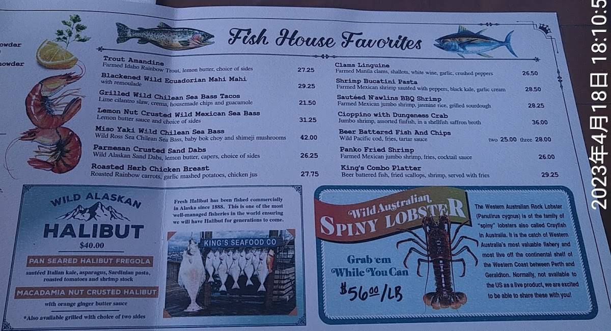 Menu at King's Fish House restaurant, Laguna Hills