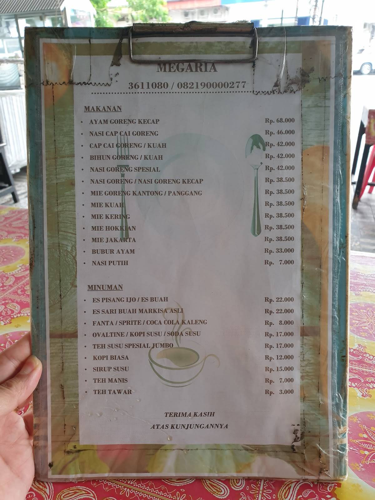 Menu at Kios Megaria restaurant, Makassar