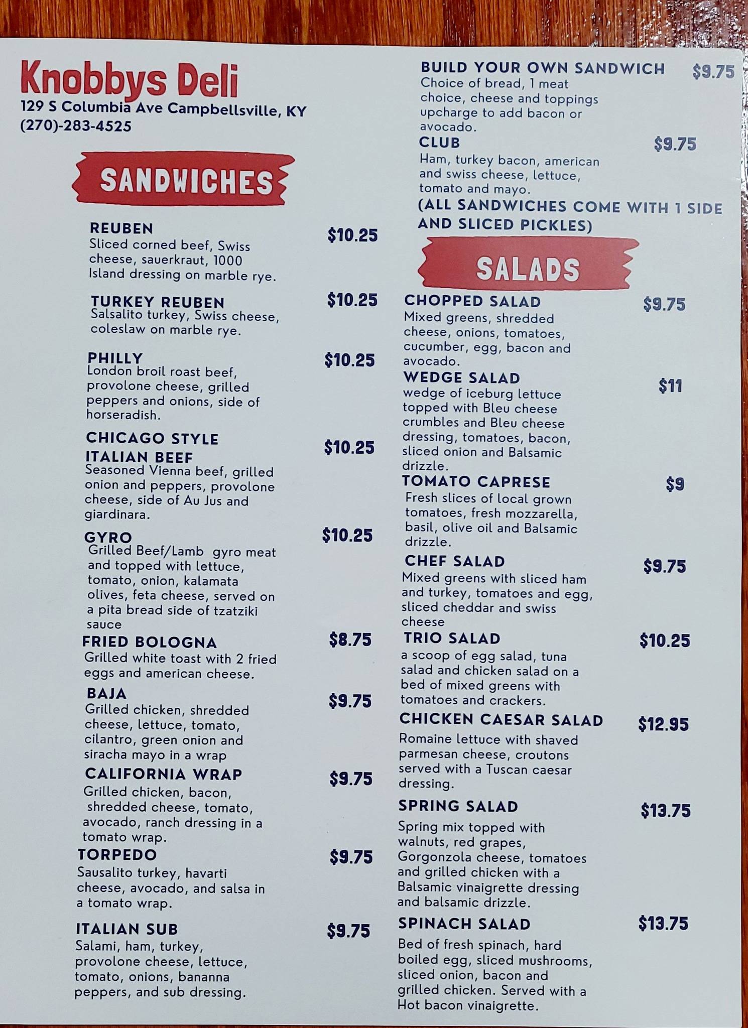 Menu at Knobby's Deli cafe, Campbellsville, 129 S Columbia Ave