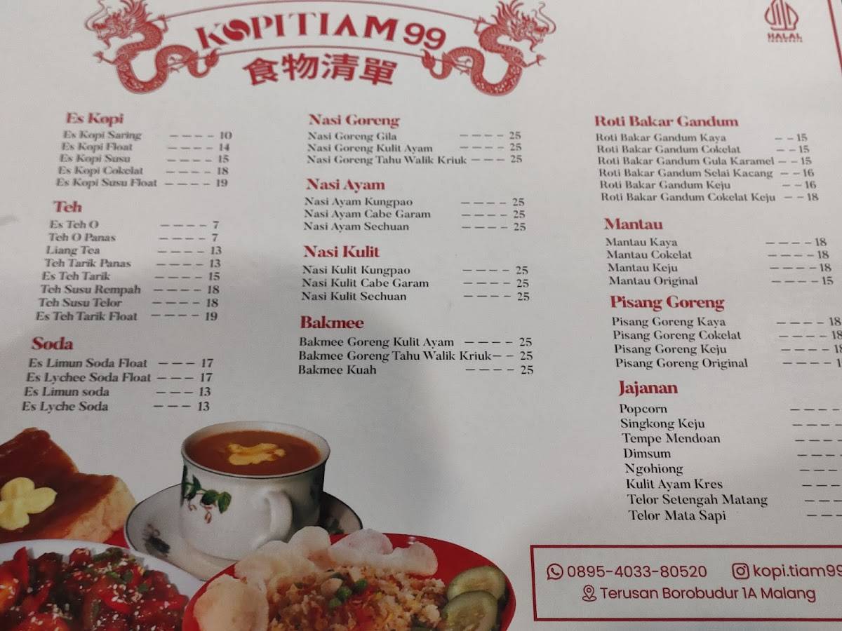 Menu at Kopitiam 99 restaurant, Malang