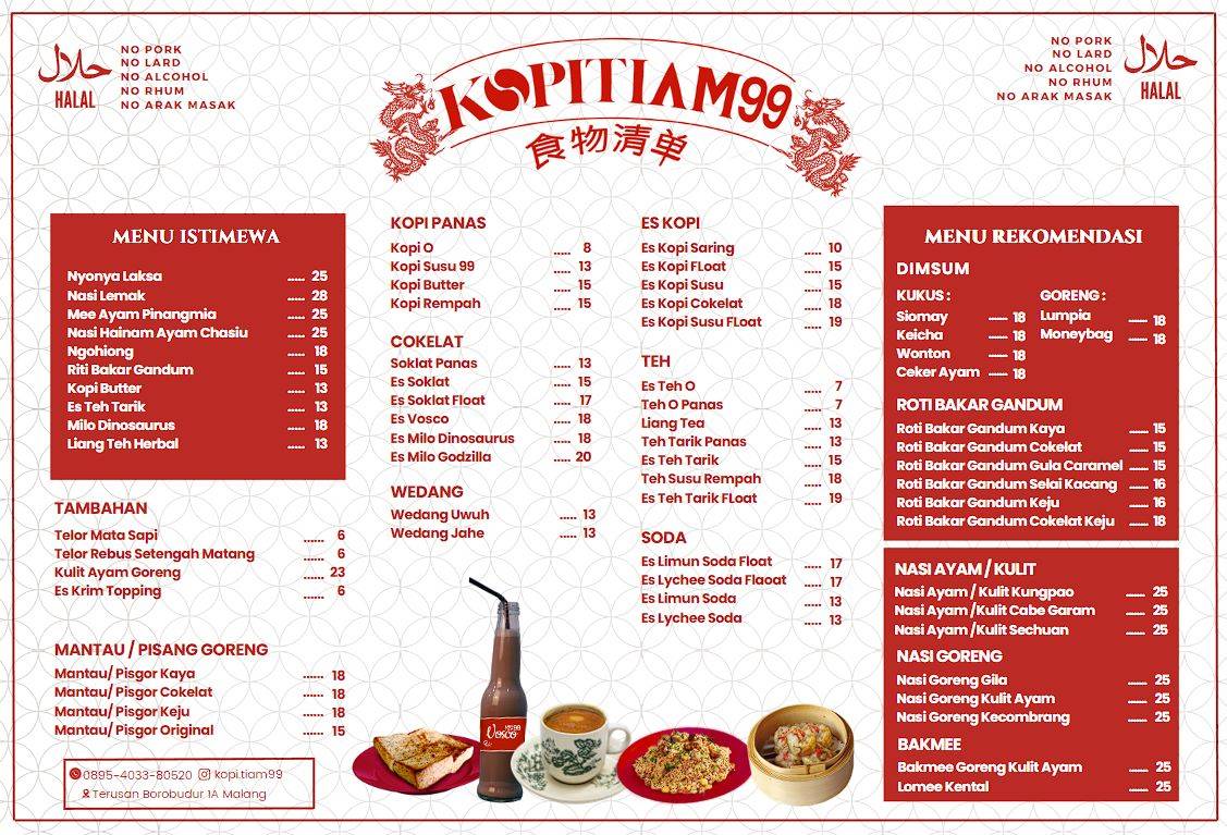 Menu at Kopitiam 99 restaurant, Malang