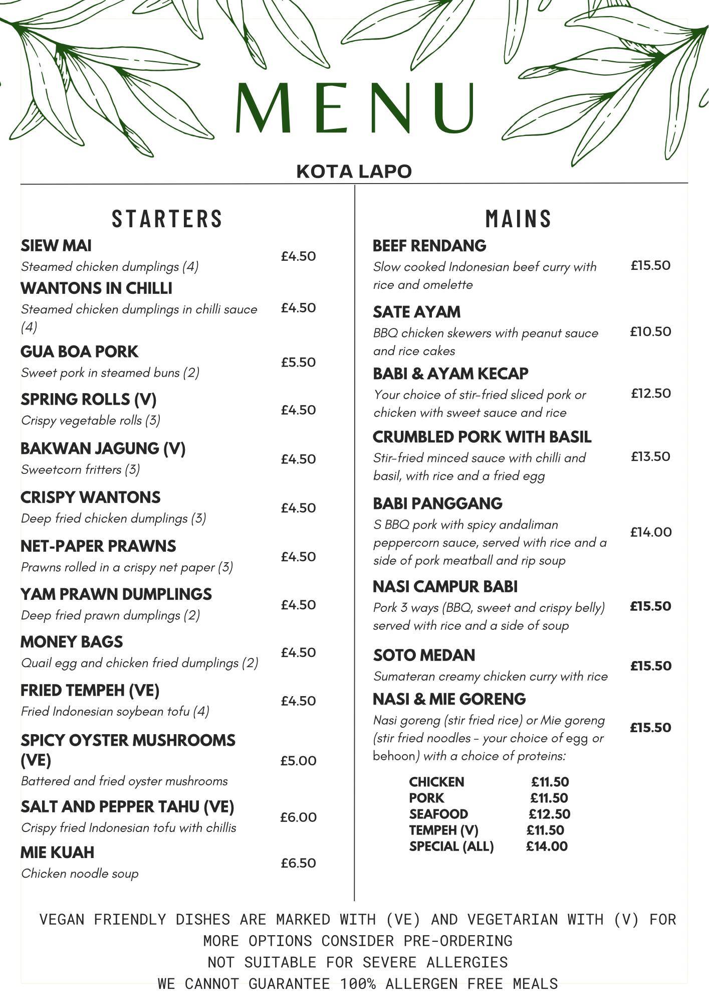 Menu at Kota Lapo Indonesian Street Food restaurant, Glossop