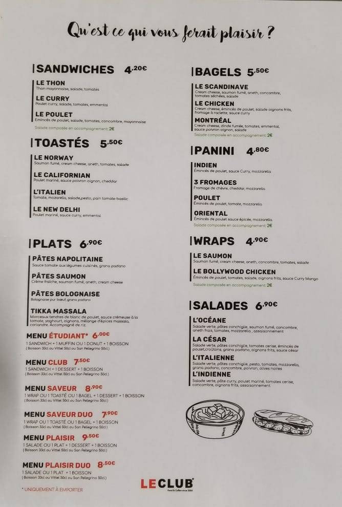 Menu au Le Club Café Lille Lillenium, Lille