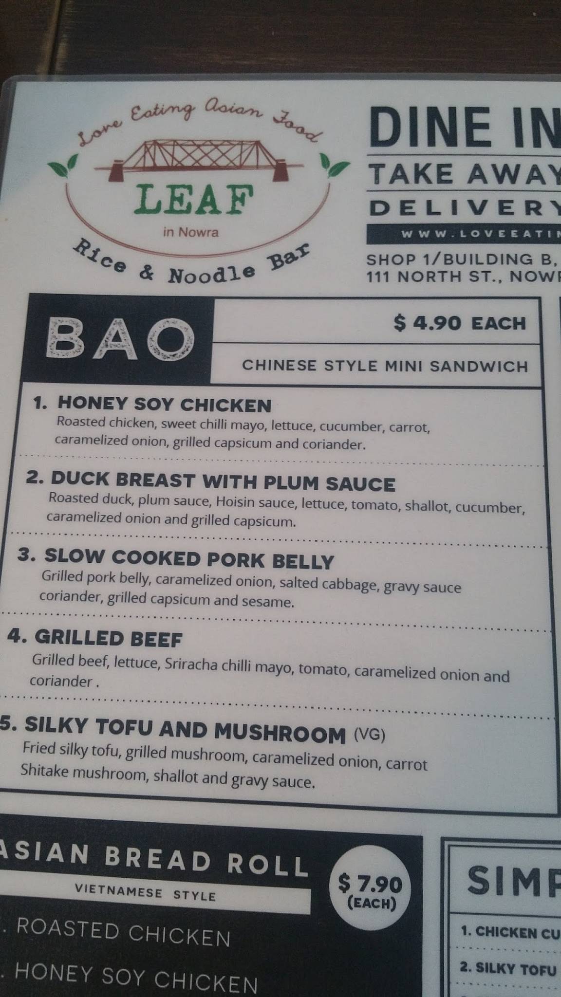 Menu at LEAF IN NOWRA, MODERN THAI & ASIAN RESTAURANT, Nowra