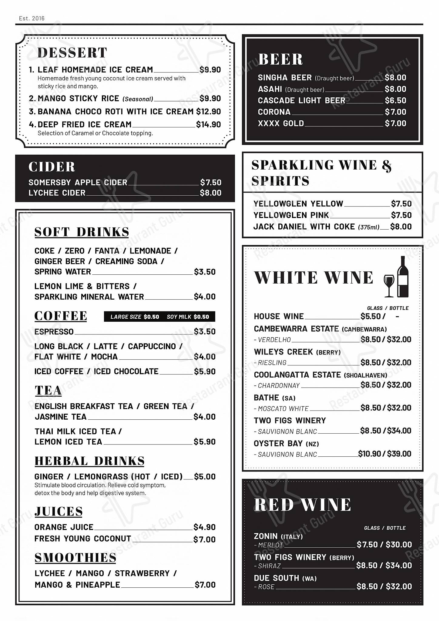 Menu at LEAF IN NOWRA, MODERN THAI & ASIAN RESTAURANT, Nowra