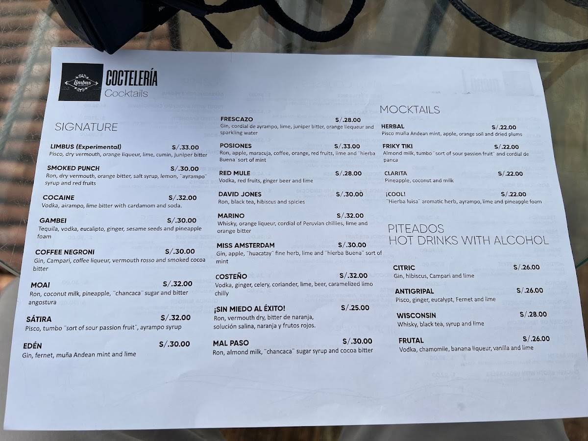 Carta de Limbus Restobar, Cusco