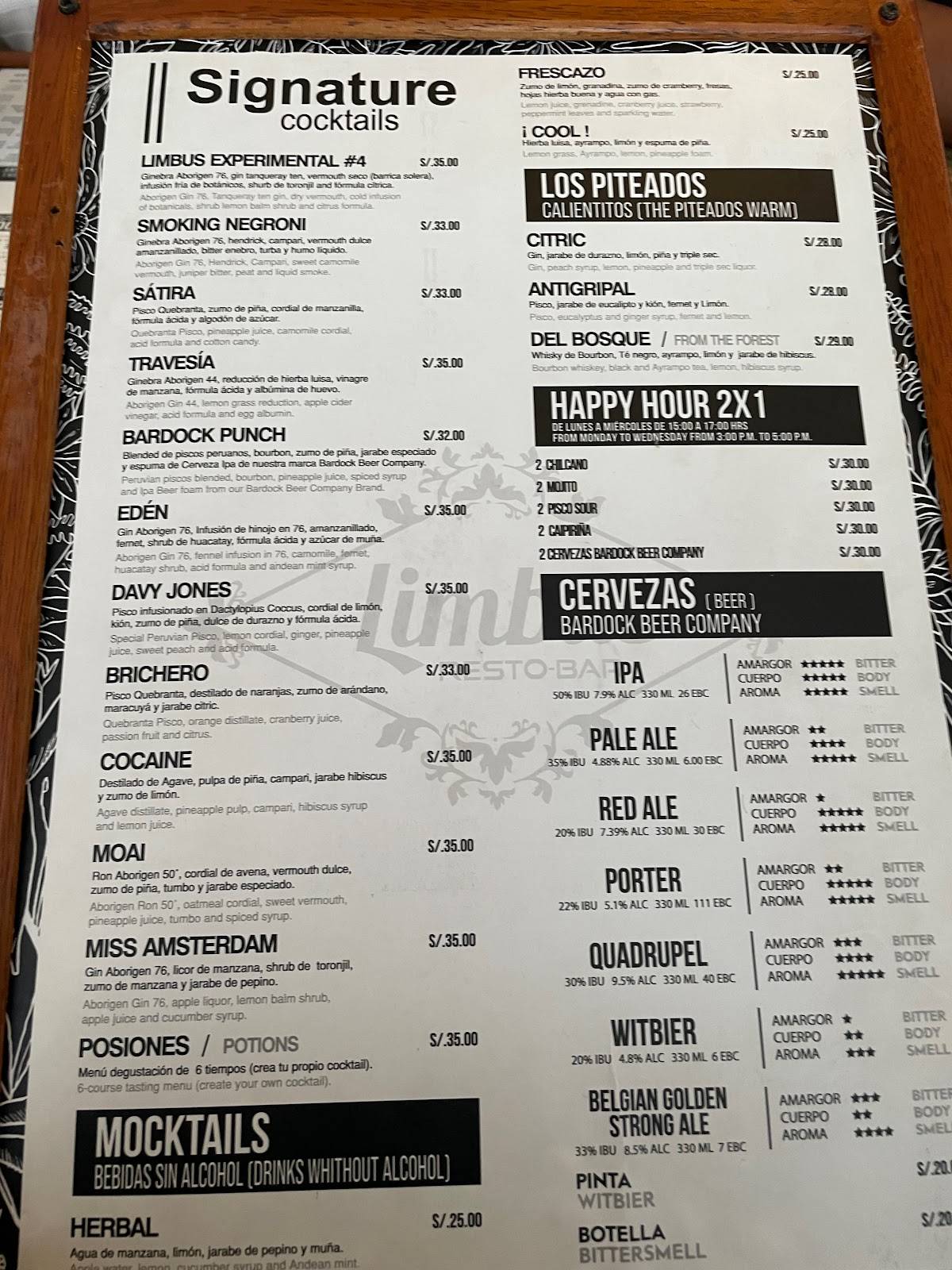 Carta de Limbus Restobar, Cusco