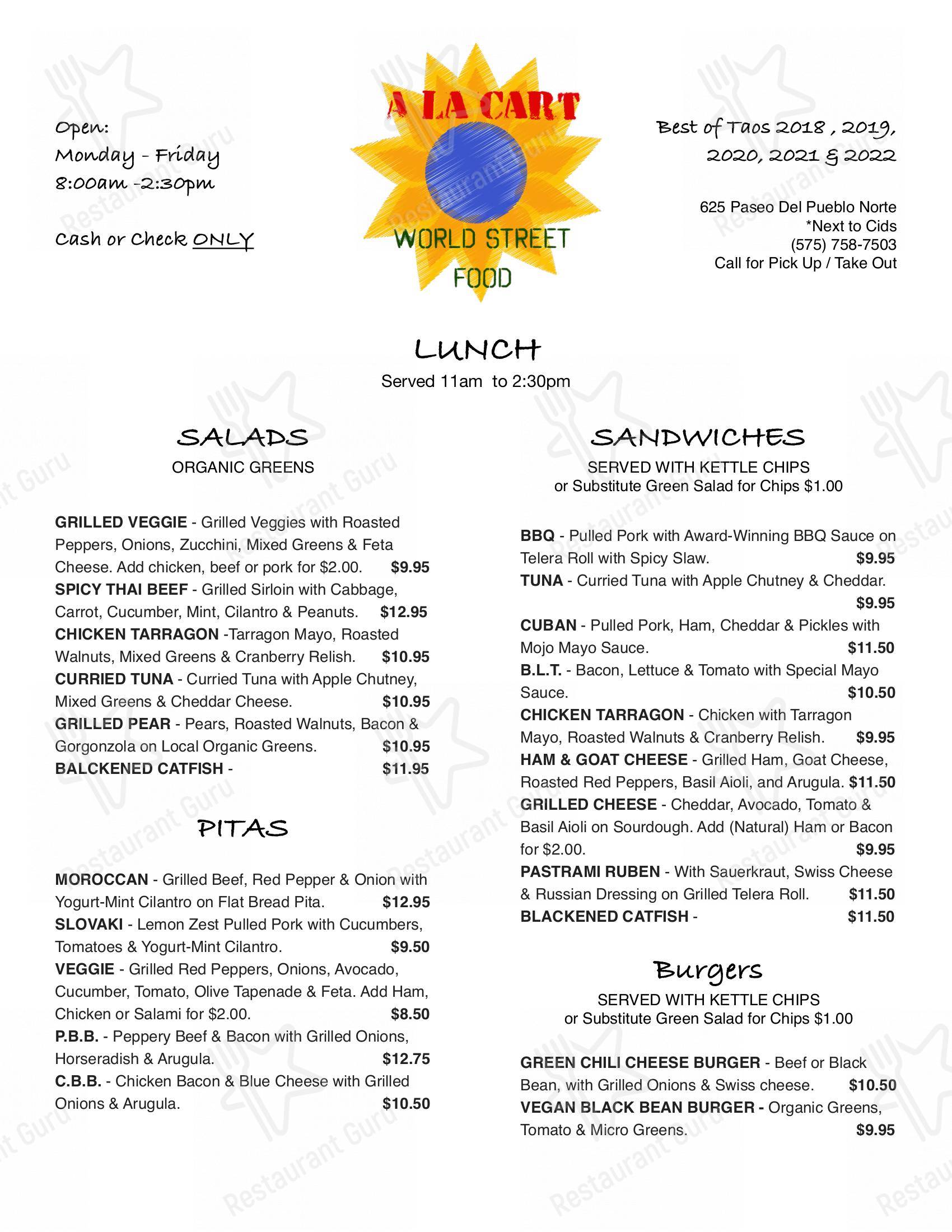 Menu at Alys A La Cart restaurant, Taos, 625 Paseo Del Pueblo Norte