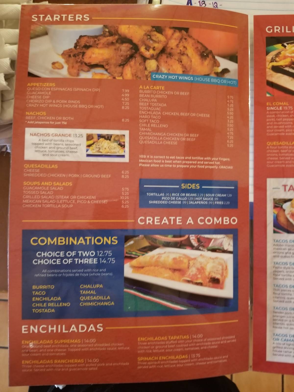 Menu at La Cascada restaurant, Lancaster