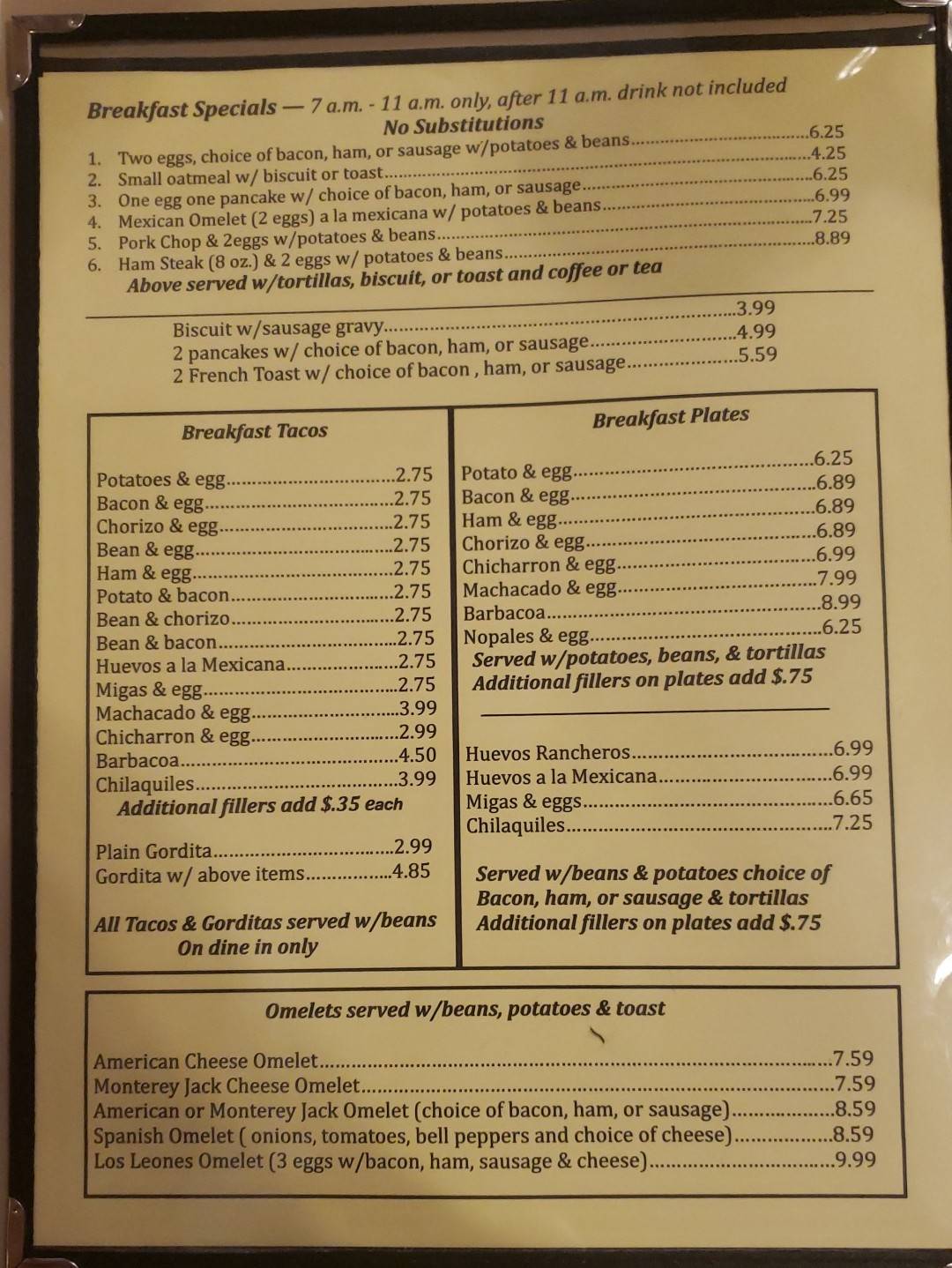 Menu at Los Leones Restaurant, La Feria