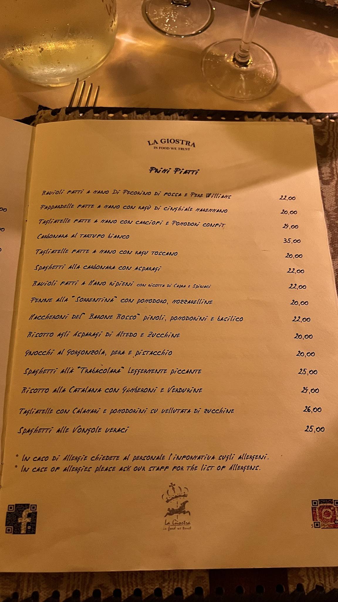 Menu at La Giostra restaurant, Florence, Borgo Pinti