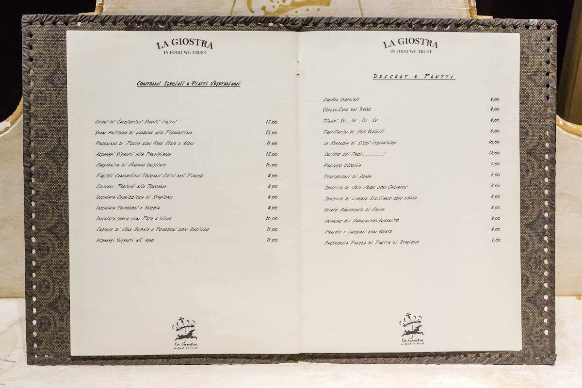 Menu at La Giostra restaurant, Florence, Borgo Pinti