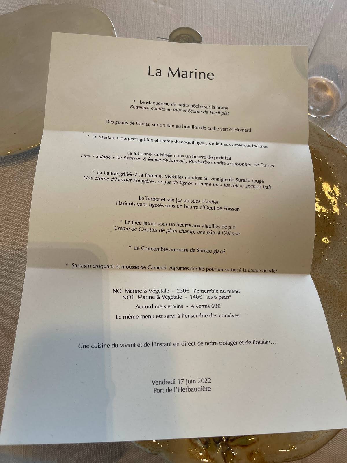 Menu au La Marine restaurant, Noirmoutier-en-l'Île