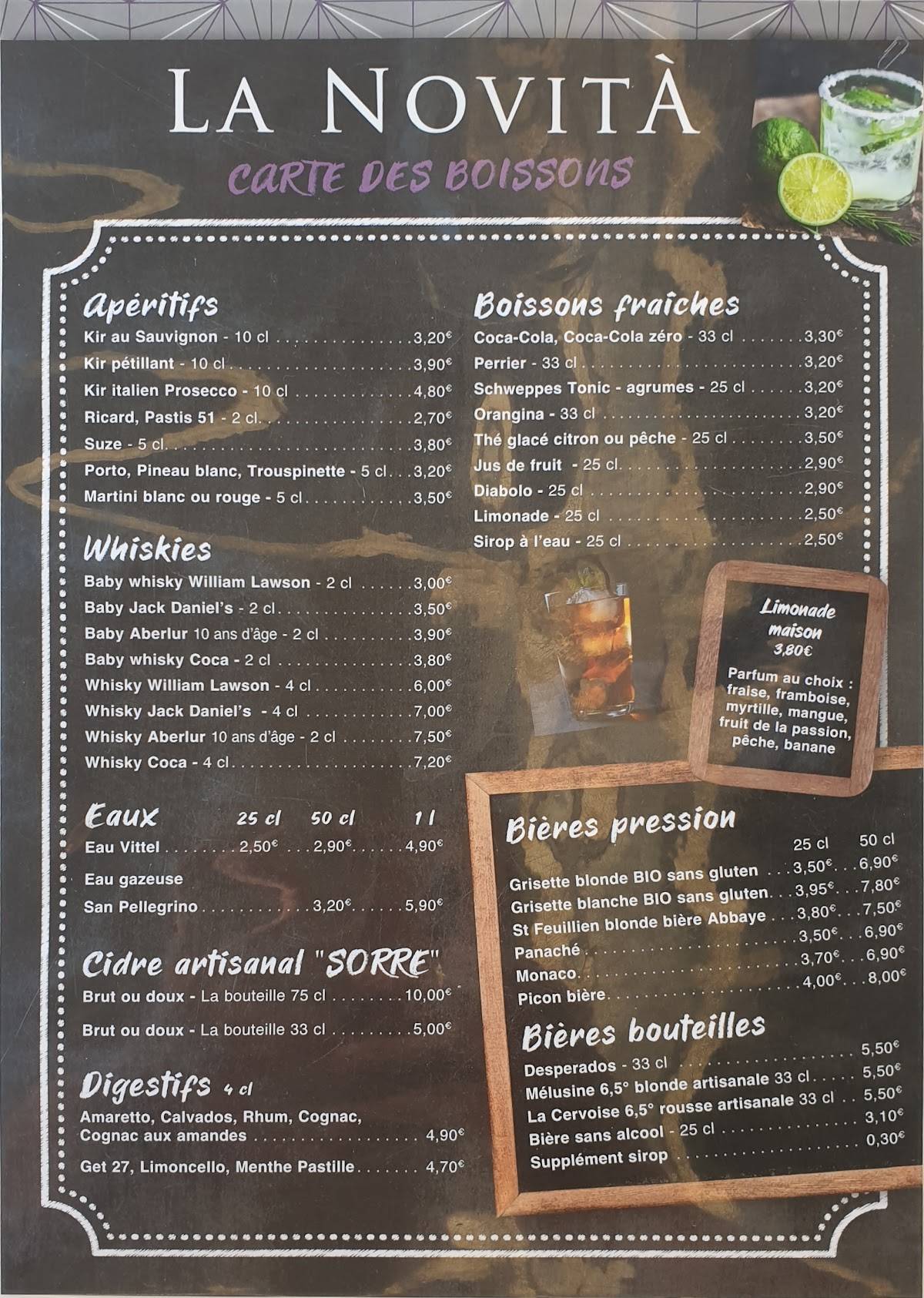 Menu au La Novità restaurant, Saint-Gilles-Croix-de-Vie