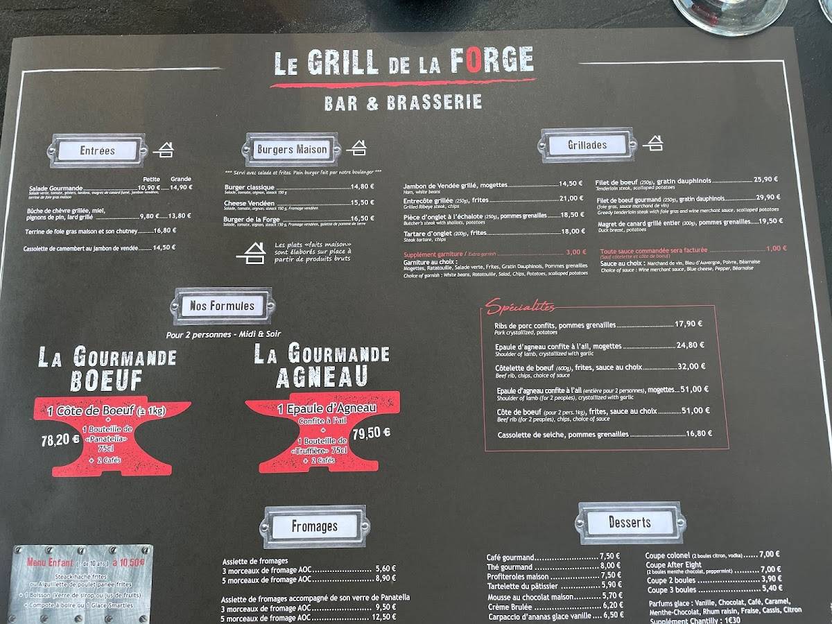 Menu au Le Grill De La Forge restaurant, La Tranche-sur-Mer
