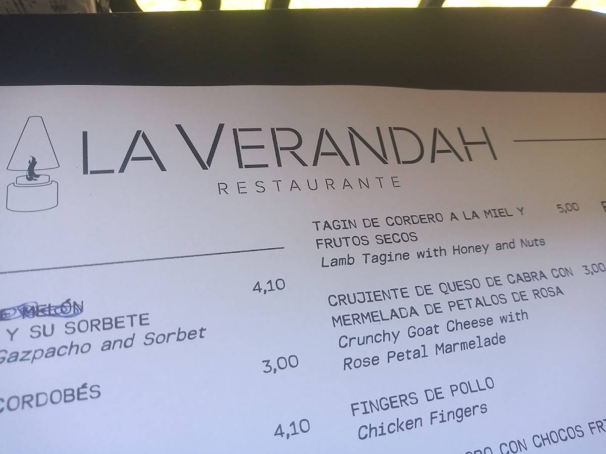 Menu at La Verandah pub & bar, San Enrique de Guadiaro