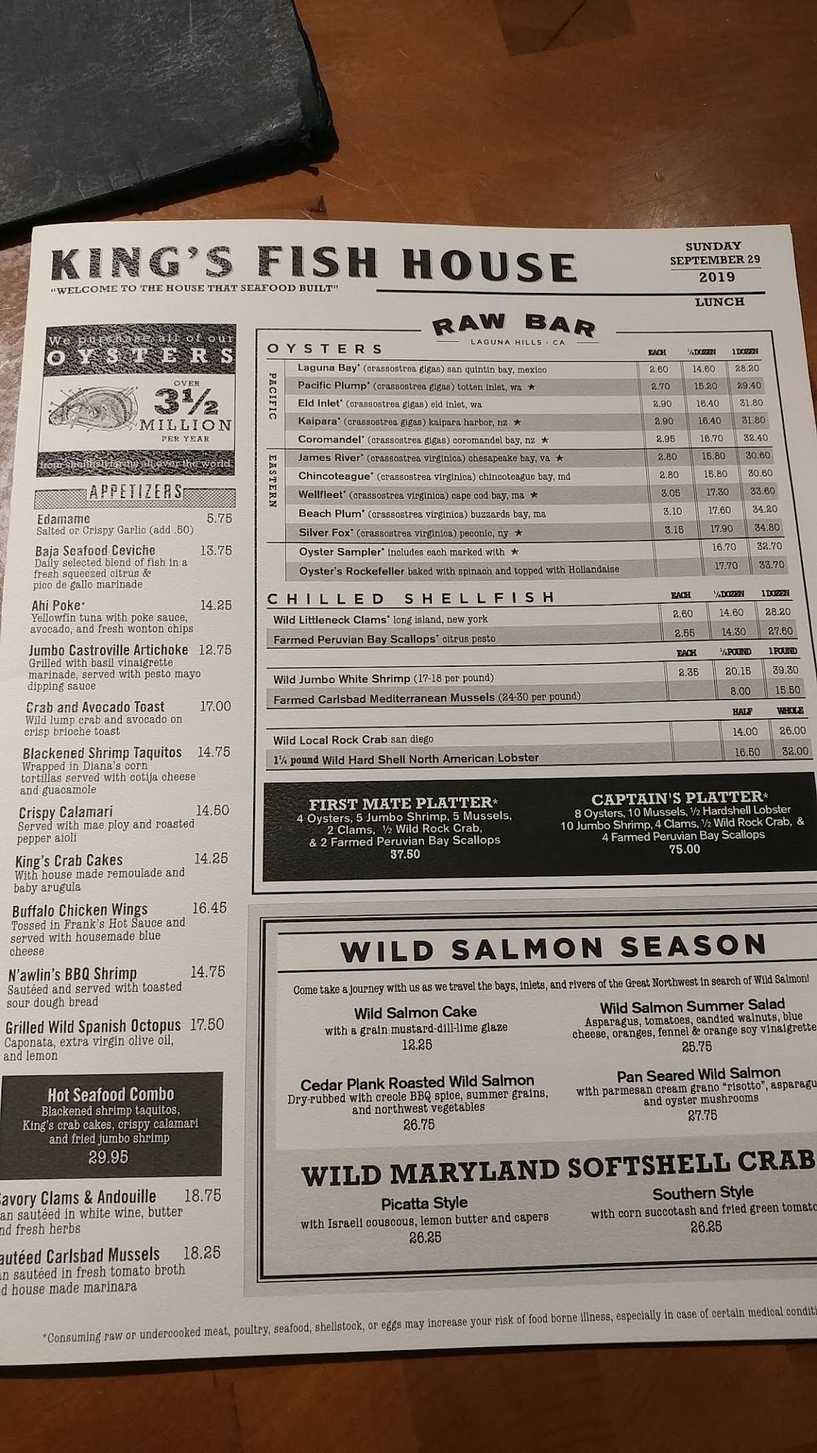 Menu at King's Fish House restaurant, Laguna Hills