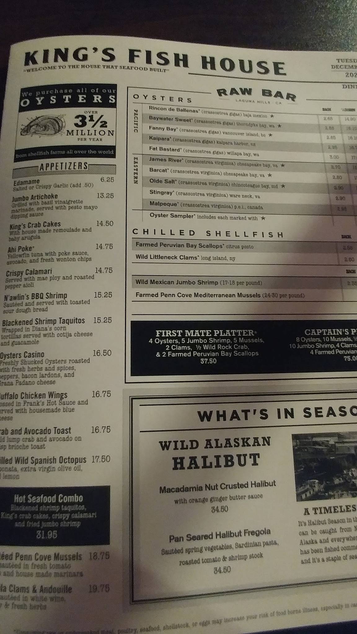 Menu at King's Fish House restaurant, Laguna Hills