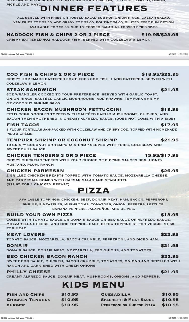 Menu at Lake Side Grill pub & bar, Moyie