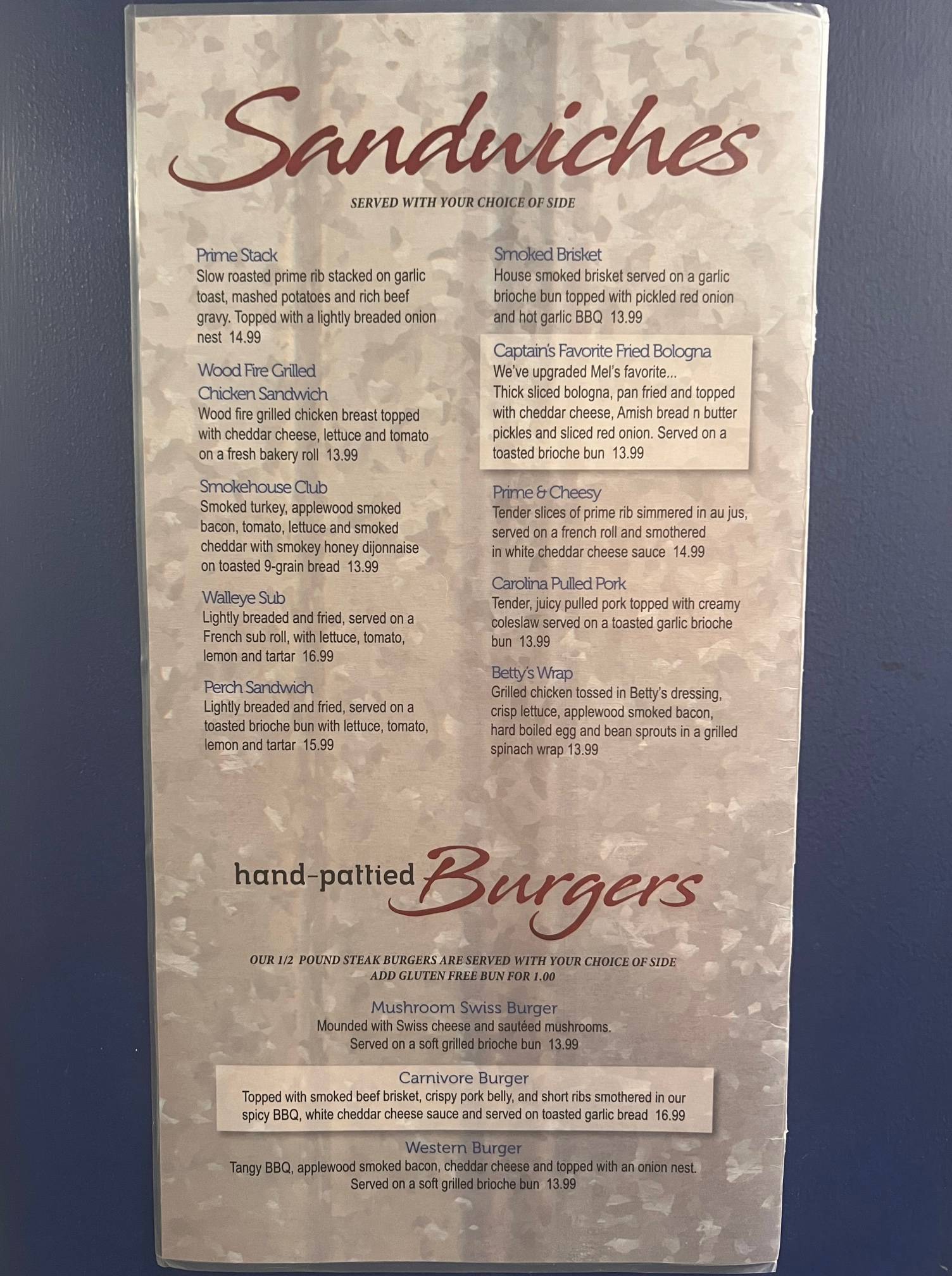 Menu at Crow's Nest restaurant, Lakeside Marblehead